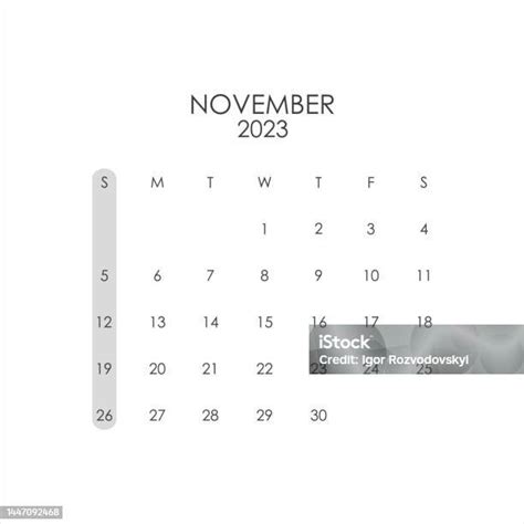 2023년 11월 캘린더 템플릿 2023년 11월의 레이아웃 인쇄 가능한 월간 플래너 책상 달력 디자인 일요일에 주중 시작 0명에 대한 스톡 벡터 아트 및 기타 이미지