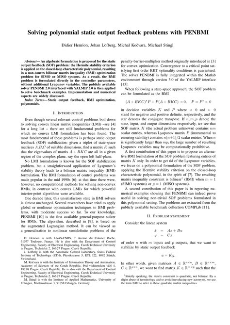 Pdf Solving Polynomial Static Output Feedback Problems With Penbmi