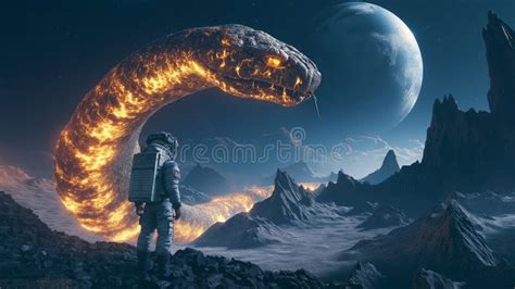 Astronaut Encounters A Giant Fiery Serpent In A Surreal