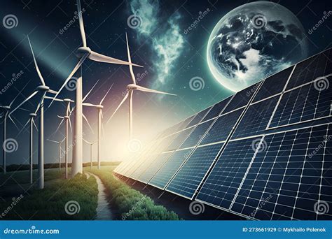 Wind Power And Solar Power Panels At Sunset Neural Network Ai Generated Stock Illustration