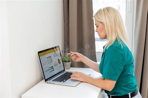 Businesswoman Analyzing Statistics On Laptop Screen Working With Financial Graphs Charts Online