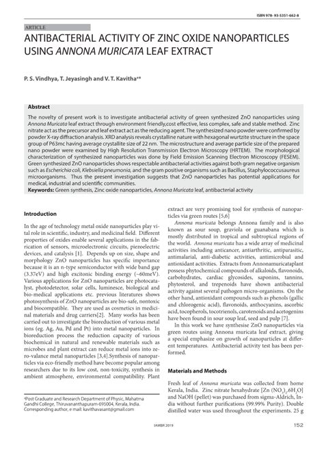 Pdf Antibacterial Activity Of Zinc Oxide Nanoparticles Using Annona
