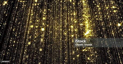 황금 반짝이 떨어지는 입자 반짝이는 빛 흐름 커튼 배경입니다 흐르는 마법의 빛 떨어지는 불꽃 빛나는 스레드와 반짝이는 반짝반짝 빛나는 눈부심 3차원 형태에 대한 스톡 벡터