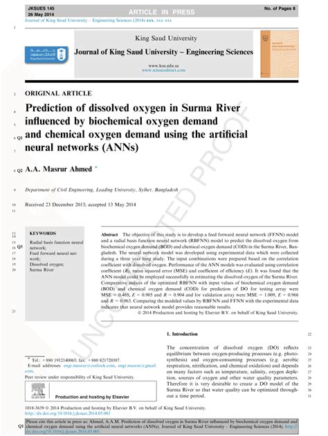 Pdf Prediction Of Dissolved Oxygen In Surma River By Biochemical Oxygen Demand And Chemical