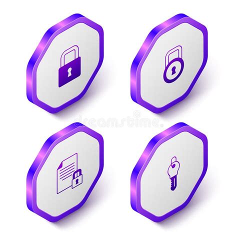 Set Isometric Lock Document And Lock And Key Icon Purple Hexagon Button Vector Stock