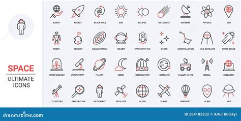 Space Travel Universe Research Technology Trendy Red Black Thin Line Icons Set Astronaut And