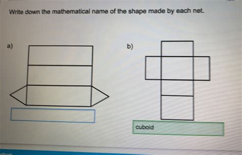 solved write down the mathematical name of the shape made by each net