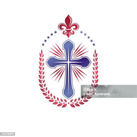 기독교 그래픽 상징의 교차 전 령 벡터 디자인 요소입니다 레트로 스타일 레이블 월계관 및 백합 꽃으로 장식 하는 종교 휘장 부와 군주제 아이디어입니다 0명에 대한 스톡 벡터