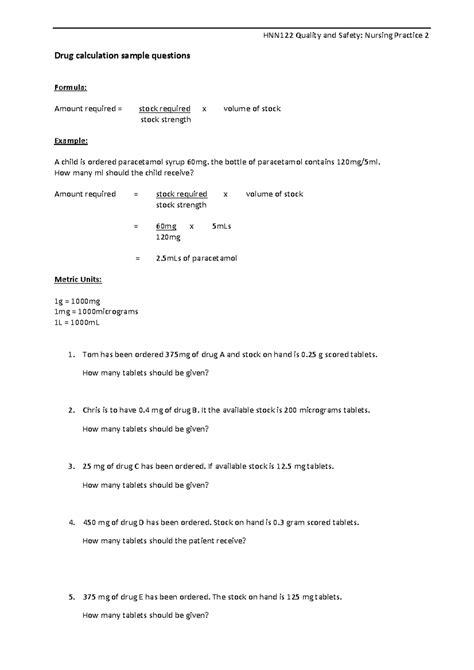 Sample Drug Calculation Questions HNN122 Quality And Safety Nursing Practice 2 Drug Studocu