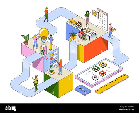 Isometric Virtual Office With Business People Working Together On App Development Business