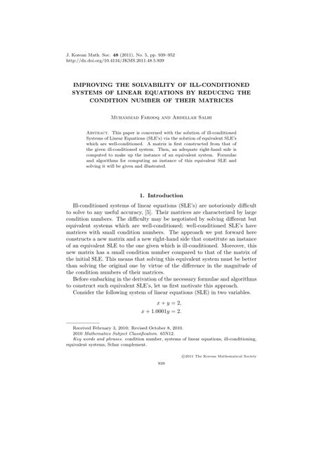 Full Article Improving The Solvability Of Ill Conditioned Systems Of Linear Equations By