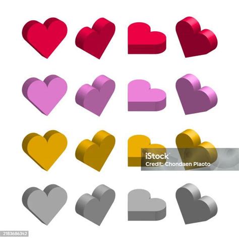아이소 메트릭 하트 아이콘 사랑 발렌타인 데이 그래픽 요소 아이콘 빨강 분홍색 노랑 회색 로맨스 일러스트 레이 션 3차원 형태에 대한 스톡 벡터 아트 및 기타 이미지