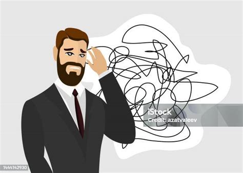 얽힌 선 부정적인 혼란스러운 사고 과정 개념을 가진 수염 난 사업가를 지나치게 생각합니다 정서적 육체적 소진과 머리가 엉망인 피곤한 남자 혼란과 우울증 벡터 남자에 대한