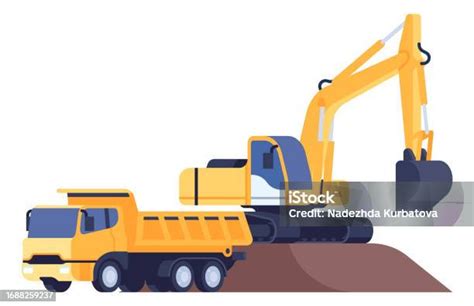 건설 과정 굴삭기와 트럭 기계 굴착 건축 기초 집 건물 대형 차량 땅을 굴착하고 트럭에 싣는 굴착기 벡터 개념 개념에 대한 스톡 벡터 아트 및 기타 이미지 Istock