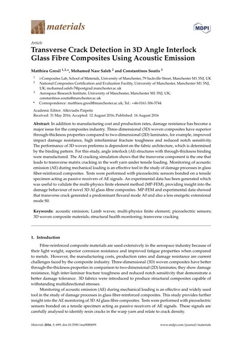 Pdf Transverse Crack Detection In 3d Angle Interlock Glass Fibre Composites Using Acoustic
