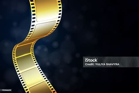 파란색 배경에 격리 된 사실적인 3d 골드 시네마 필름 스트립 텍스트 장소와 축제 디자인 영화 필름 프레임입니다 광고 포스터