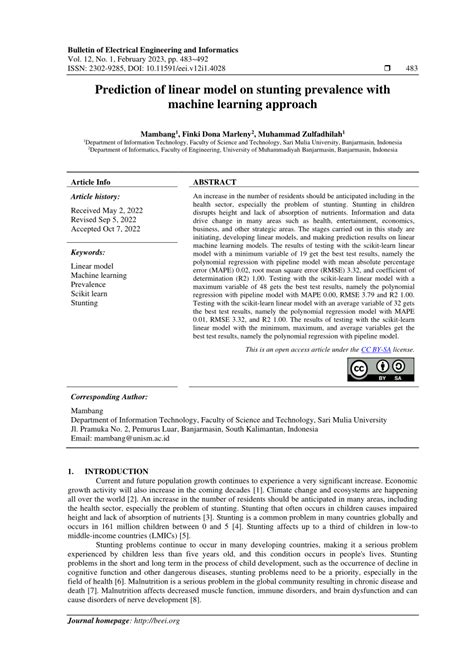 Pdf Prediction Of Linear Model On Stunting Prevalence With Machine Learning Approach