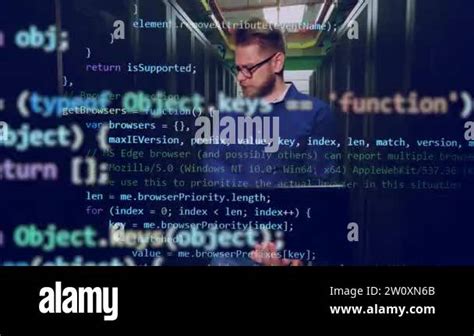 Server Room With The Male Programmer And The Code Appearing Along Him Stock Video Footage Alamy