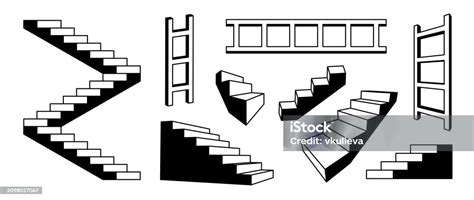 선형 계단과 사다리가 설정됩니다 블랙 화이트 초현실적 인 기하학적 요소 컬렉션 3d 투시 계단 및 계단 번들 건축 콜라주 포스터 배너에 대 한 모양 벡터 아트 팩 사다리에