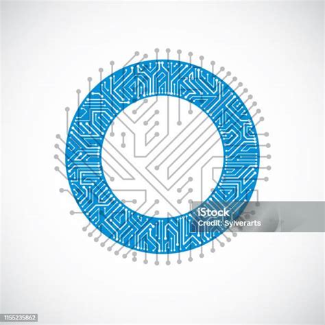 기술 장치의 전자 부품이 있는 원형 회로 기판 컴퓨터 마 더 보드 인공 두뇌 화려한 벡터 추상화입니다 0명에 대한 스톡 벡터