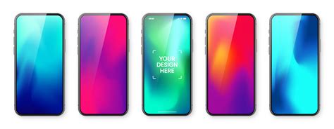 터치 스크린과 추상적인 화려한 배경 벽지가 있는 스마트폰 정면도에 프레임이 없는 휴대폰 고품질 상세한 장치 모형 벡터 그림 3차원 형태에 대한 스톡 벡터 아트 및 기타