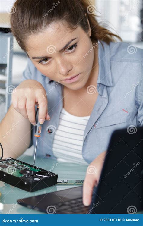 Woman Fixing Laptop Stock Photo Image Of Damaged Board