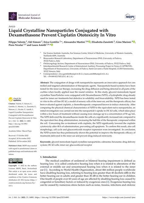 Pdf Liquid Crystalline Nanoparticles Conjugated With Dexamethasone Prevent Cisplatin