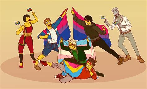 Several Cartoon Characters Are Posing With Kites In Their Hands And One Is Holding A Flag