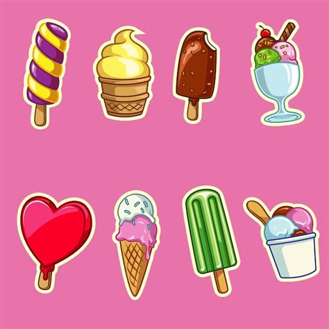 재미있는 아이스크림 스티커 팩 여름용 귀여운 아이스크림 프리미엄 벡터