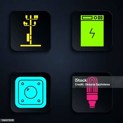 Led 전구 고전압 전신주 라인 전기 조명 스위치 및 파워 뱅크를 설정합니다 검은 색 사각형 버튼 벡터 Led 조명에 대한 스톡 벡터 아트 및 기타 이미지 Istock