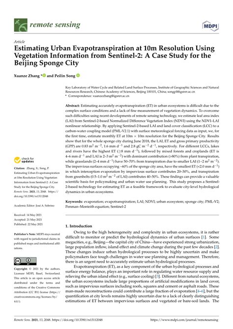 Pdf Estimating Urban Evapotranspiration At 10m Resolution Using Vegetation Information From