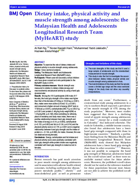 Pdf Dietary Intake Physical Activity And Muscle Strength Among Adolescents The Malaysian