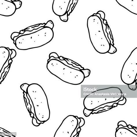 벡터 원활한 핫도그 패턴손으로 그린 핫도그 패턴 메뉴 라벨 디자인 템플릿을 위해 흰색 배경에 무작위로 배열 된 롤빵과 소시지의