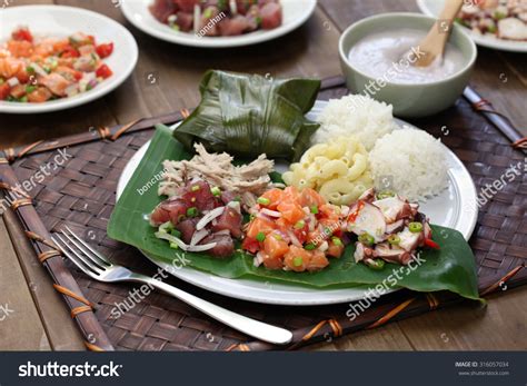 Hawaiian Traditional Plate Lunch Ahi Poke Lomi Lomi Salmon Tako Poke