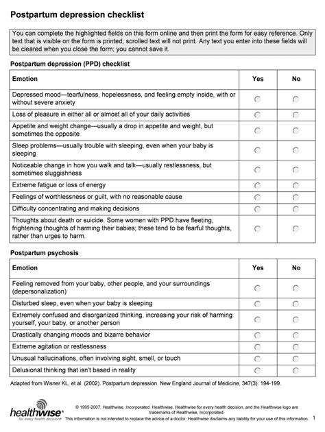 Postpartum Depression Checklist Blank Fillable Template Fill Out