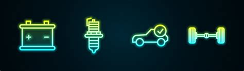 세트 라인 자동차 배터리 점화 플러그 자동 서비스 점검 자동차 및 섀시 자동차 빛나는 네온 아이콘입니다 벡터 교통수단에 대한
