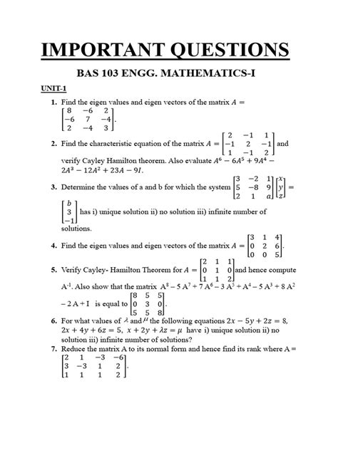 Important Questions Pdf Matrix Mathematics Eigenvalues And Eigenvectors