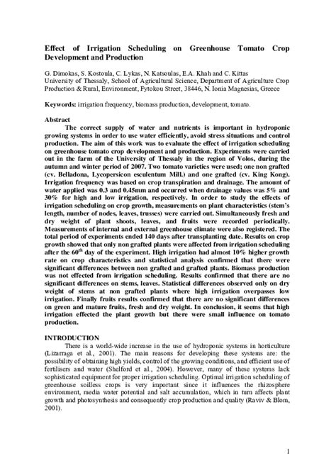 Pdf Effect Of Irrigation Scheduling On Greenhouse Tomato Crop Development And Production