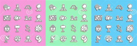 Set Line Map Marker With Human Satellites Orbiting The Earth Folded Map Location Toll Road