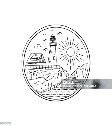 바다 절벽 모노 라인 아트에 영국 등대 벡터 디자인 배지 패치 핀 그래픽 일러스트 레이 션 벡터 아트 티셔츠 디자인 포틀랜드 섬 잉글랜드에 대한 스톡 벡터 아트 및 기타