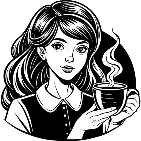 A Black And White Drawing Of A Girl Holding A Cup Of Coffee Premium