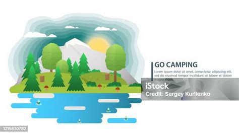화창한 날 풍경 여름 캠프 자연 관광 캠핑 또는 하이킹 웹 디자인 개념 산 숲 바늘과 잎 자연 평면 벡터 일러스트에 대한 배경 고급에 대한 스톡 벡터 아트 및 기타 이미지