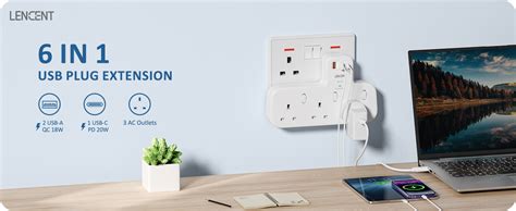 Lencent Surge Protected 3 Way Plug Extension Pd 20w Usb C And 2 Usb A Qc 3 0 Multi Plug Adaptor