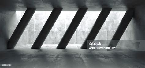 구멍 및 배경 3d 렌더링에 푸른 빛으로 내부 콘크리트 기둥을 통해 빛나는 빛을 천장으로 빈 구체적인 방 0명에 대한 스톡 사진 및 기타 이미지 Istock