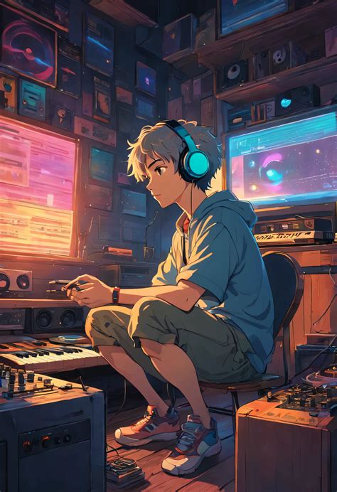 애니메이션 소년이 헤드폰을 착용하고 컴퓨터 앞에 앉아 있습니다 Seaart Ai