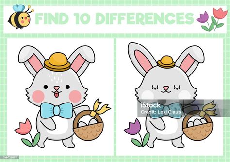 부활절 카와이 아이들을위한 차이점 찾기 게임 바구니로 달걀 사냥을 하는 귀여운 토끼와 함께하는 주의력 활동 아이들을위한 봄 휴가