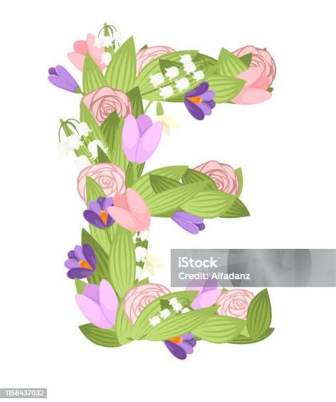 E 편지 만화 꽃 글꼴 디자인입니다 꽃과 나뭇잎 편지입니다 흰색 배경에서 격리된 플랫 벡터 그림 개화기에 대한 스톡 벡터 아트 및 기타 이미지 Istock