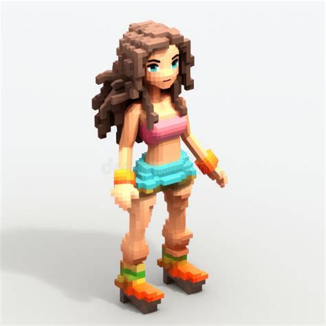 Vibrant 3d Rendered Pixel Girl With Cartoonish Realism Stock