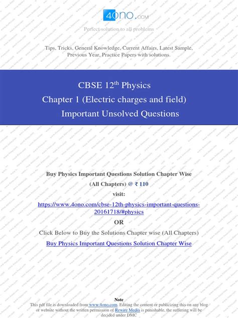Cbse 12th Physics Chapter 1 Unsolved Questions Pdf Electric Field Flux