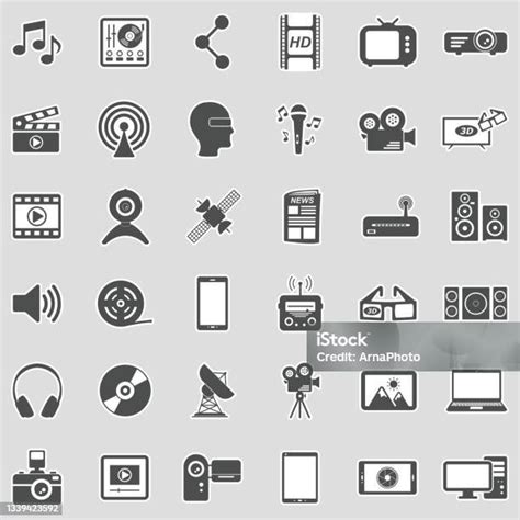 멀티미디어 아이콘 스티커 디자인 벡터 일러스트레이션 스티커에 대한 스톡 벡터 아트 및 기타 이미지 스티커 영화 산업 3차원 형태 Istock